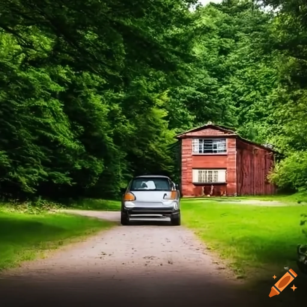 Car driving away from a house on a sunny day on Craiyon