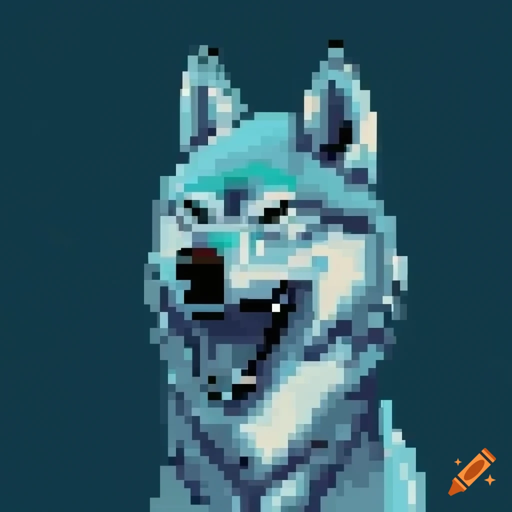 Pixel art depiction of a wolf with dithering technique on Craiyon