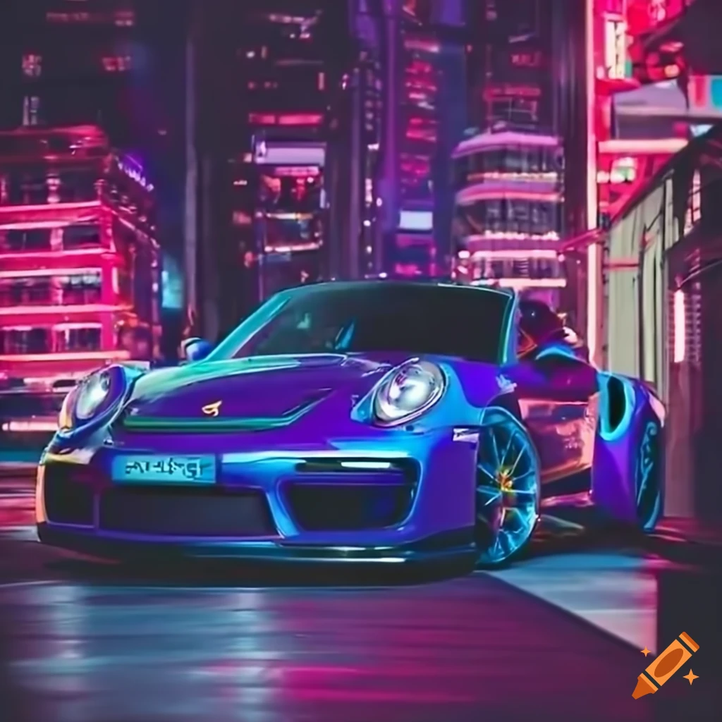 Porsche gt3 rs in a neon-bathed night cityscape with flat-shaded ...
