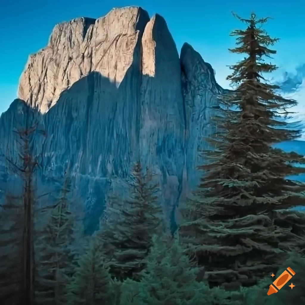 Spruce rocky mountain landscape with large humanoid statue on Craiyon