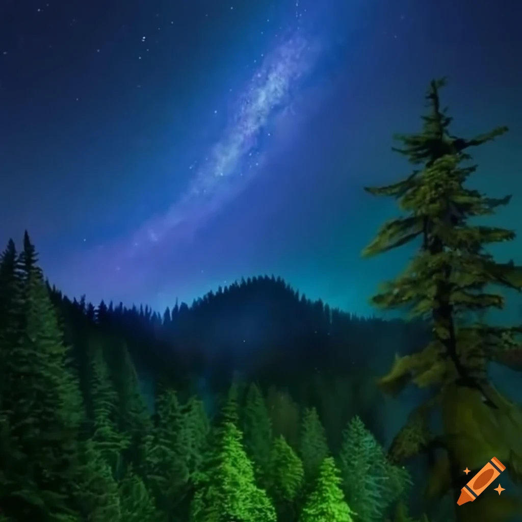 Immersive forest with starry night sky and towering mountain backdrop ...