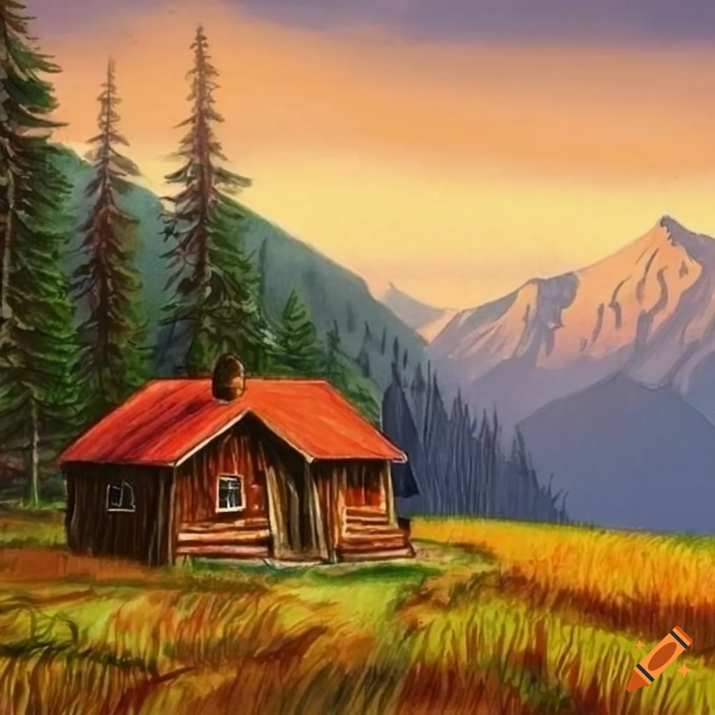 Colorful pencil drawing of a cabin in remote wilderness with rolling ...