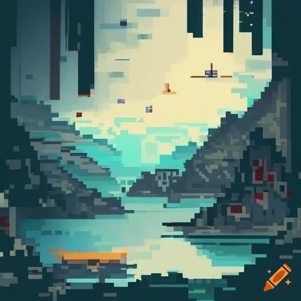 Pixel art with dithering in a traditional chinese ink painting style on ...