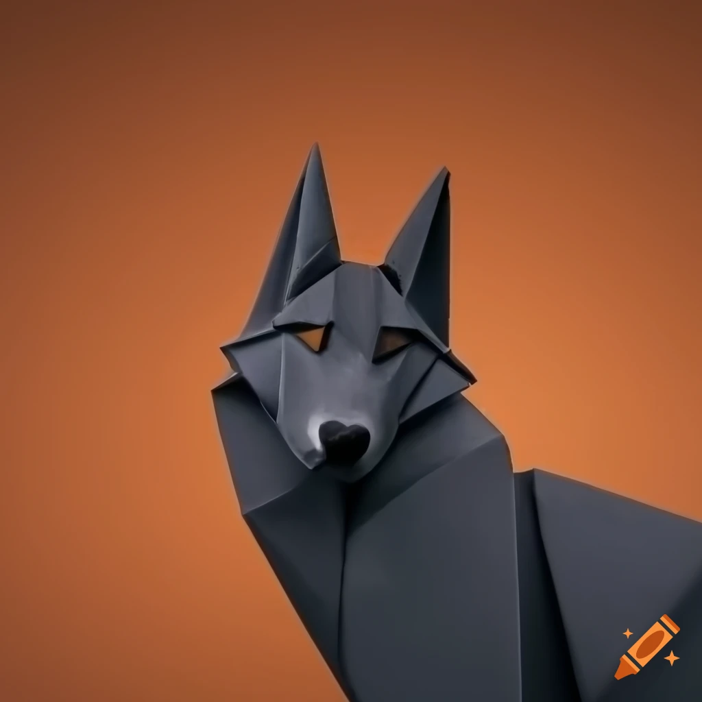 Origami high poly wolf on black matte orange background on Craiyon