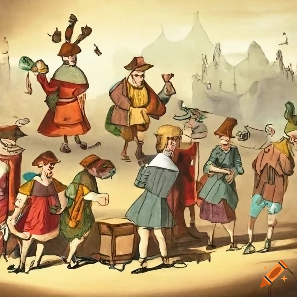 Cartoon illustration of a large group of 17th century villagers on Craiyon