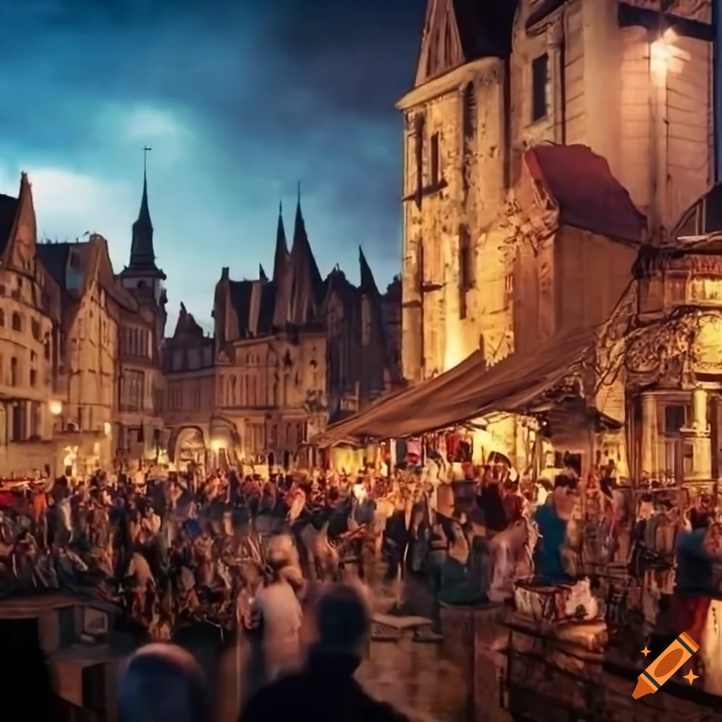 Medieval outdoor marketplace in a bustling city during a festival on ...