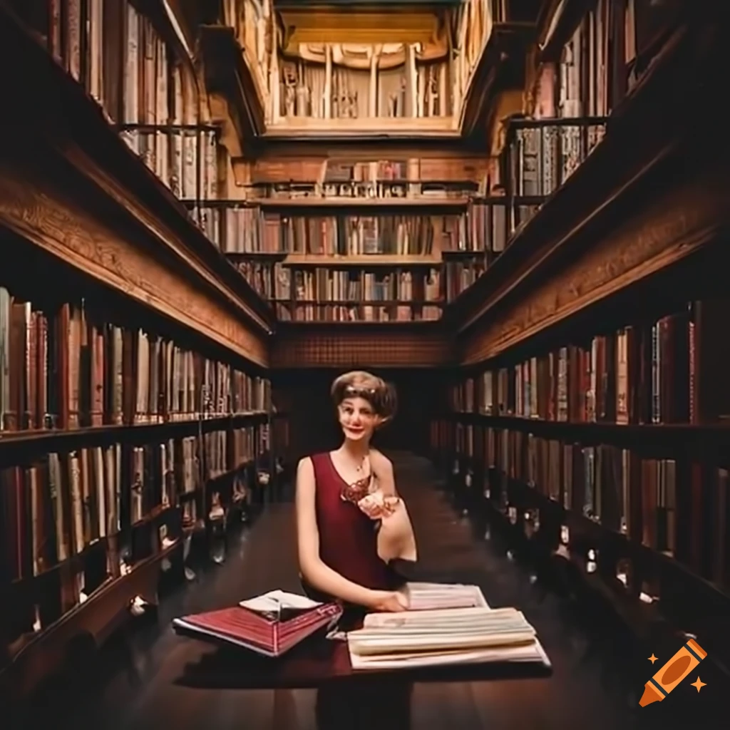 Elegant librarian giving a captivating lecture in a library on Craiyon