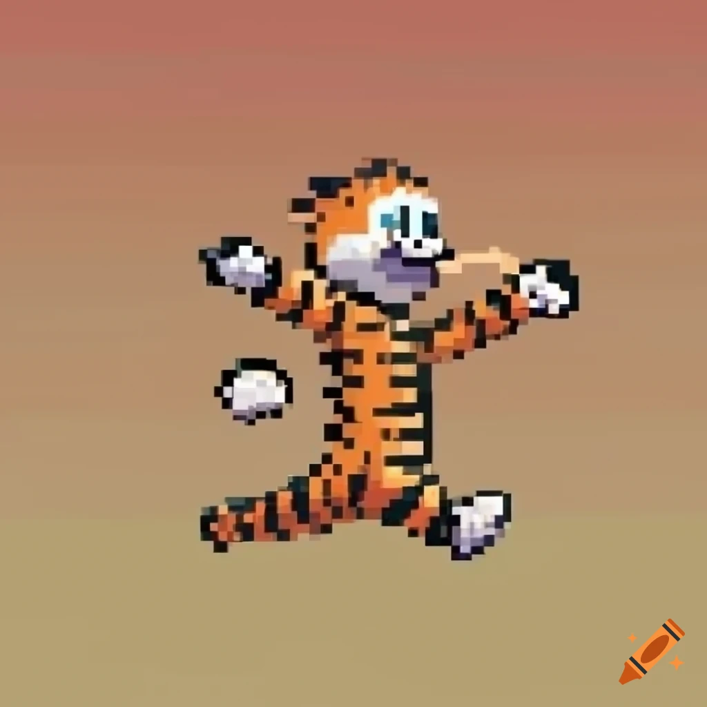 Pixel art of hobbes jumping with a poplar background on Craiyon