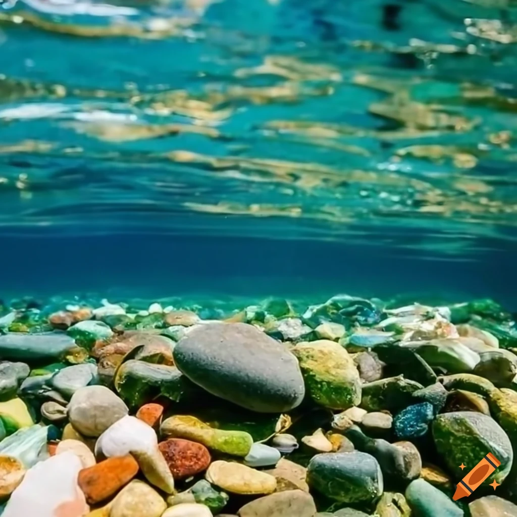 Crystal clear lake with colorful stones reflecting various colors in ...