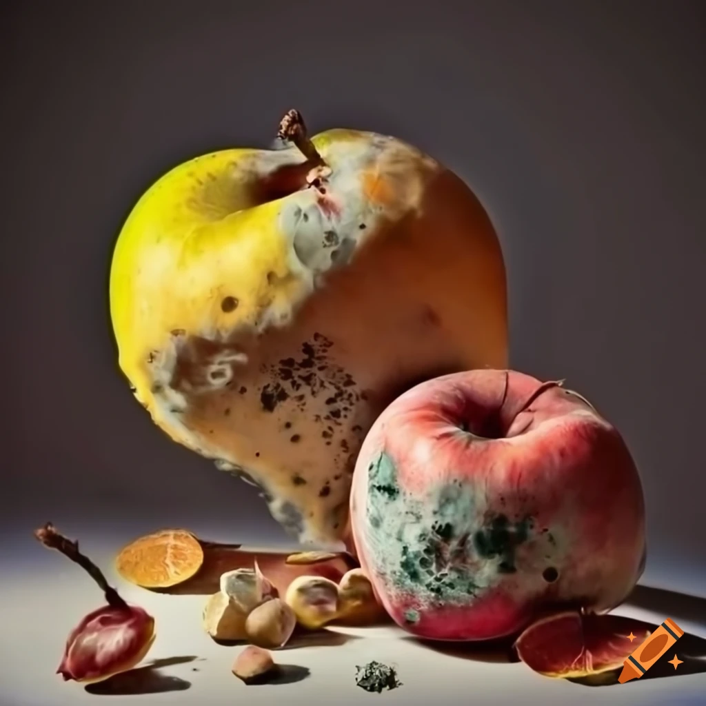 Decaying and moldy fruits in a still life arrangement on Craiyon