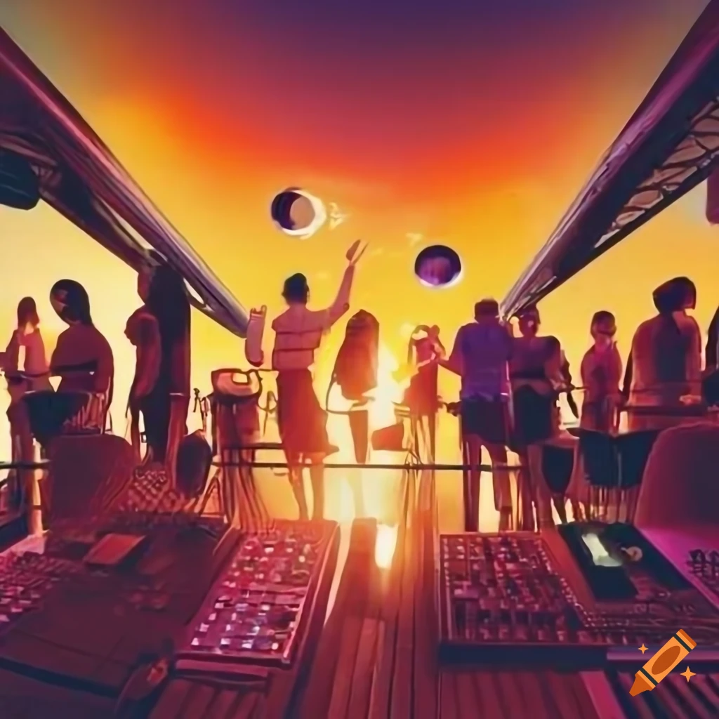 Dynamic rooftop party at sunset with dj and dancing crowd on Craiyon