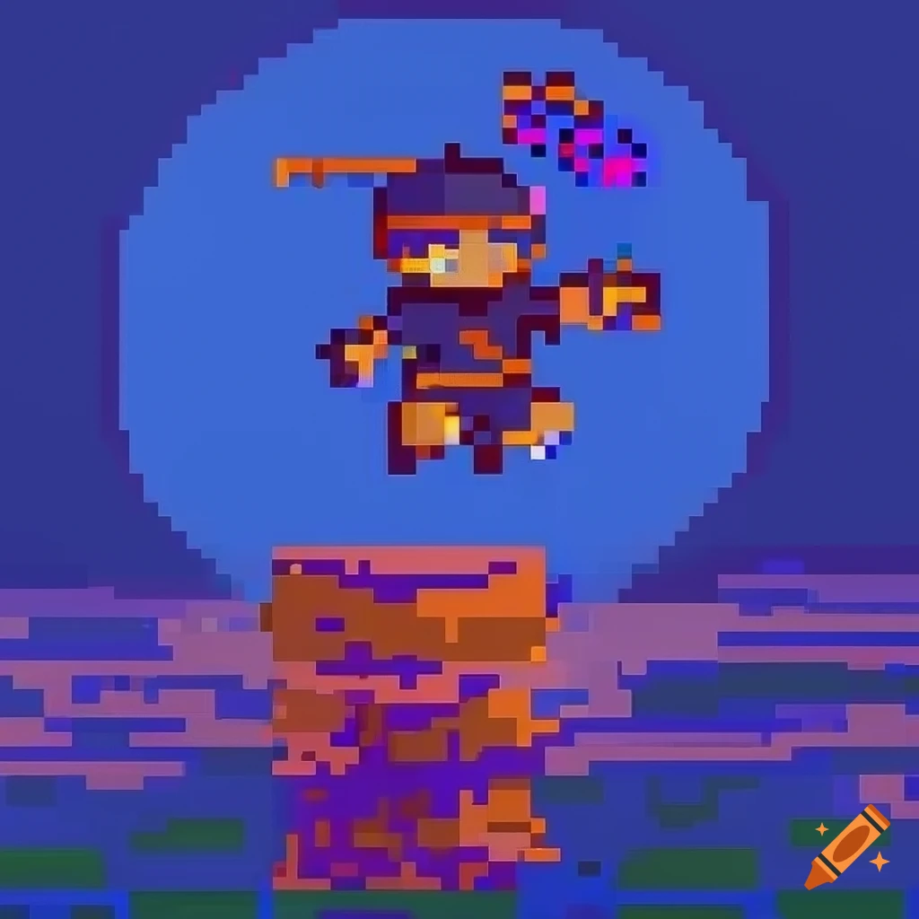 Pixel art of a Hello Kitty ninja jumping in solarized orange and blue ...