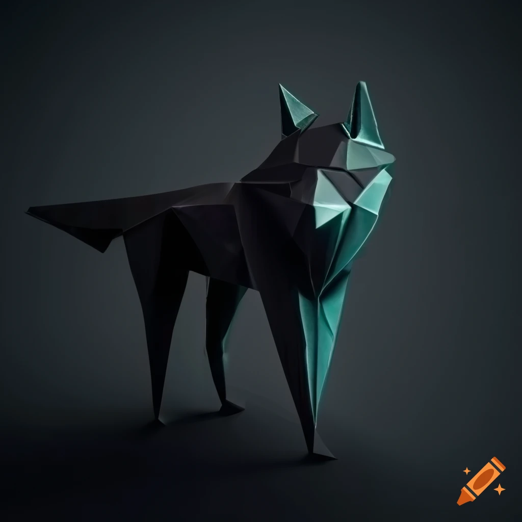 Origami high poly wolf on black matte background on Craiyon