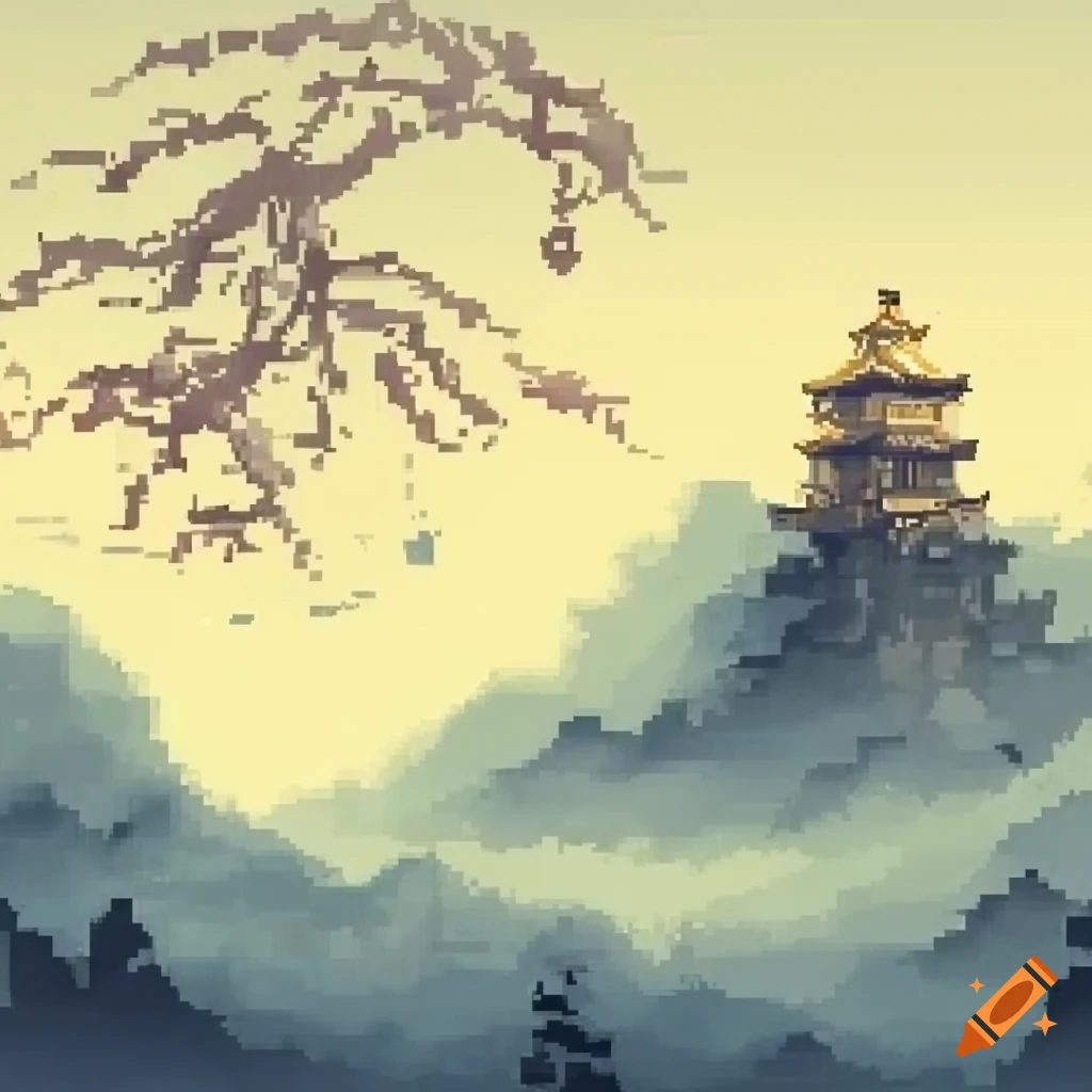 Pixel art with dithering in a traditional chinese ink painting style on ...