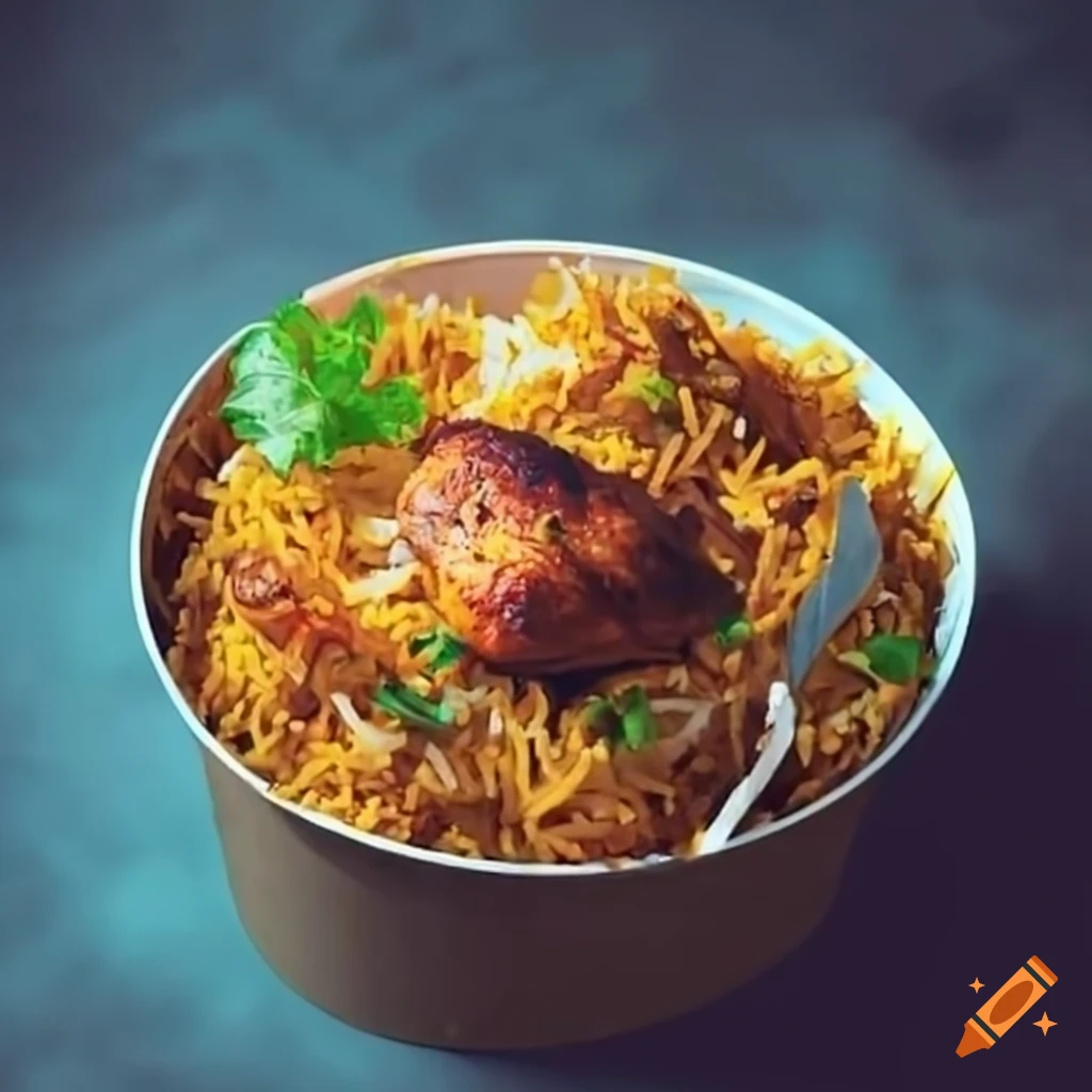 Chicken biryani served in a paper bucket on Craiyon