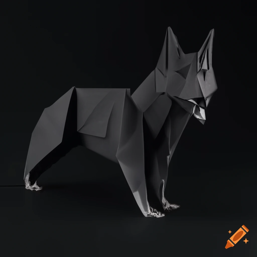 Origami wolf in high poly on black matte background on Craiyon