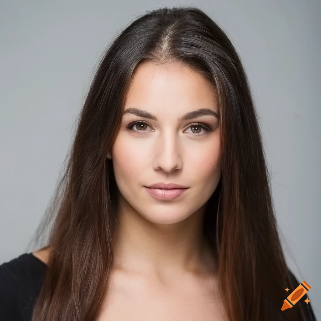 Portrait of a 23-year-old woman with dark brown hair and a serious ...