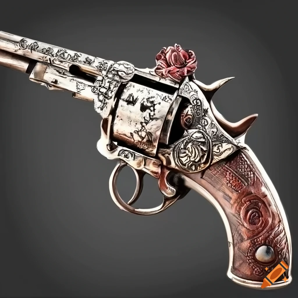 Silver revolver with rose engraving and vine etching in steampunk style ...