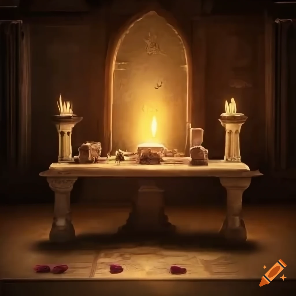 Secret room with ritual setup, candles, and ancient symbols on Craiyon