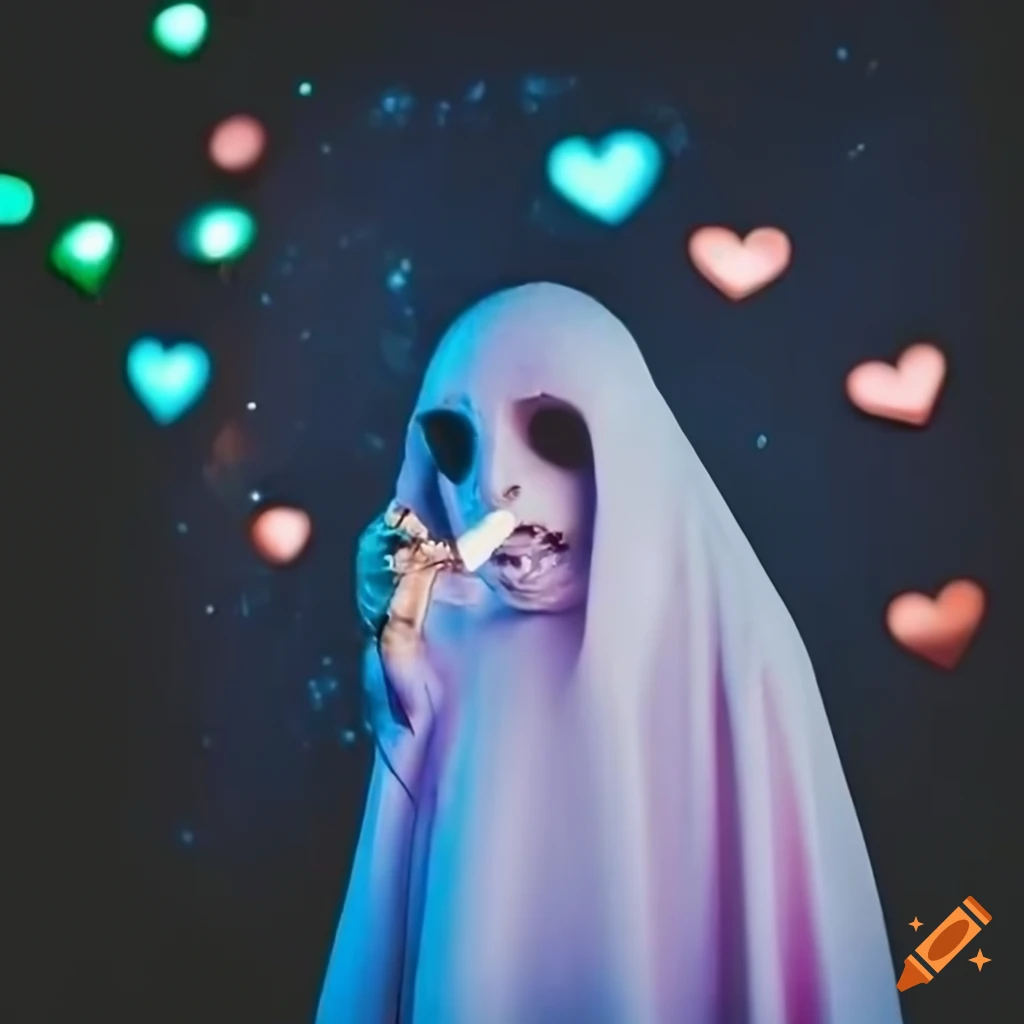 Ghost mesmerized by a cigarette surrounded by hearts in a dark glittery ...