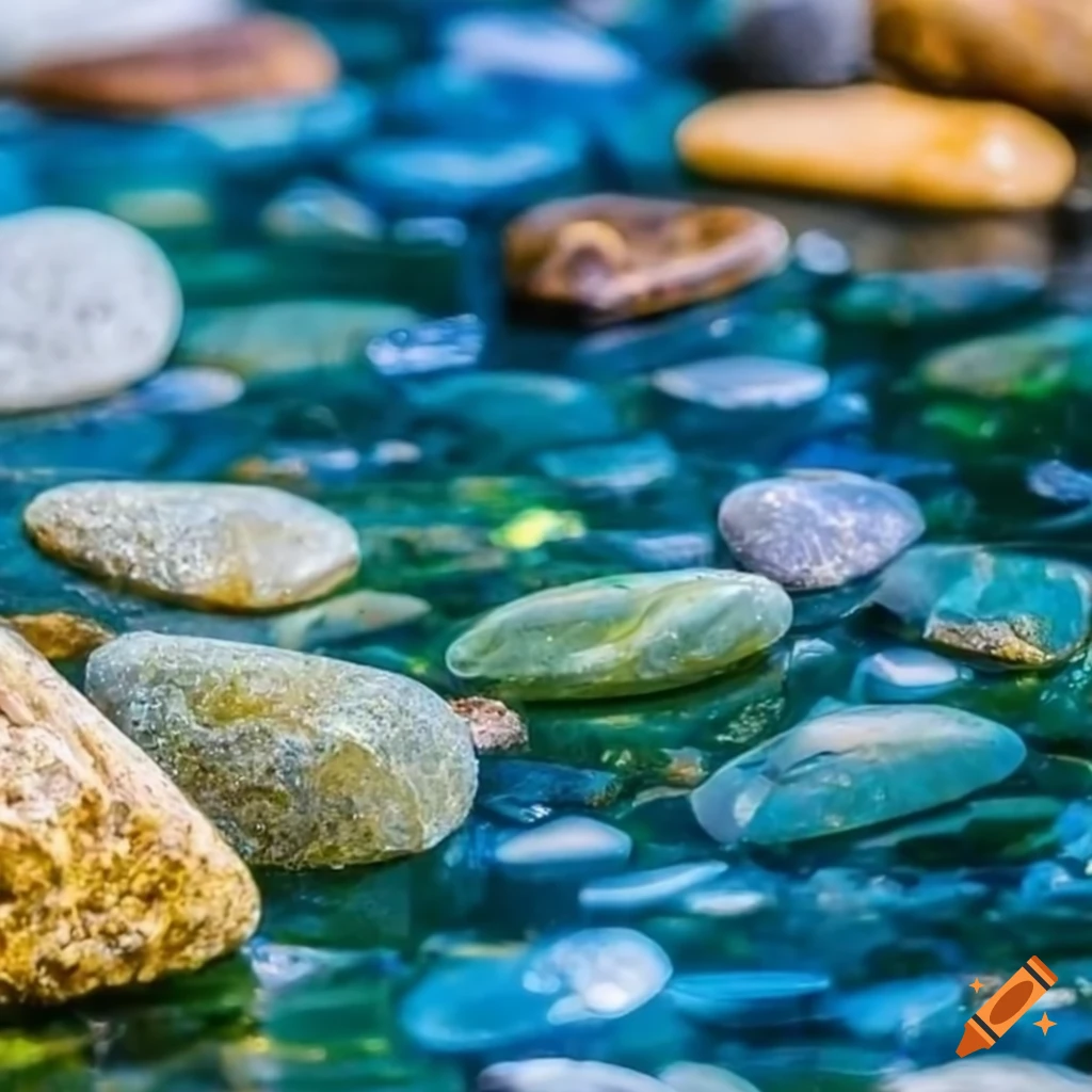Crystal clear lake with colorful stones reflecting various colors on ...