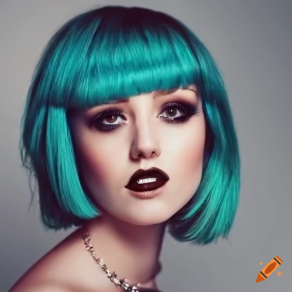 Rockabilly styled woman with teal bob hair and glamorous makeup on Craiyon