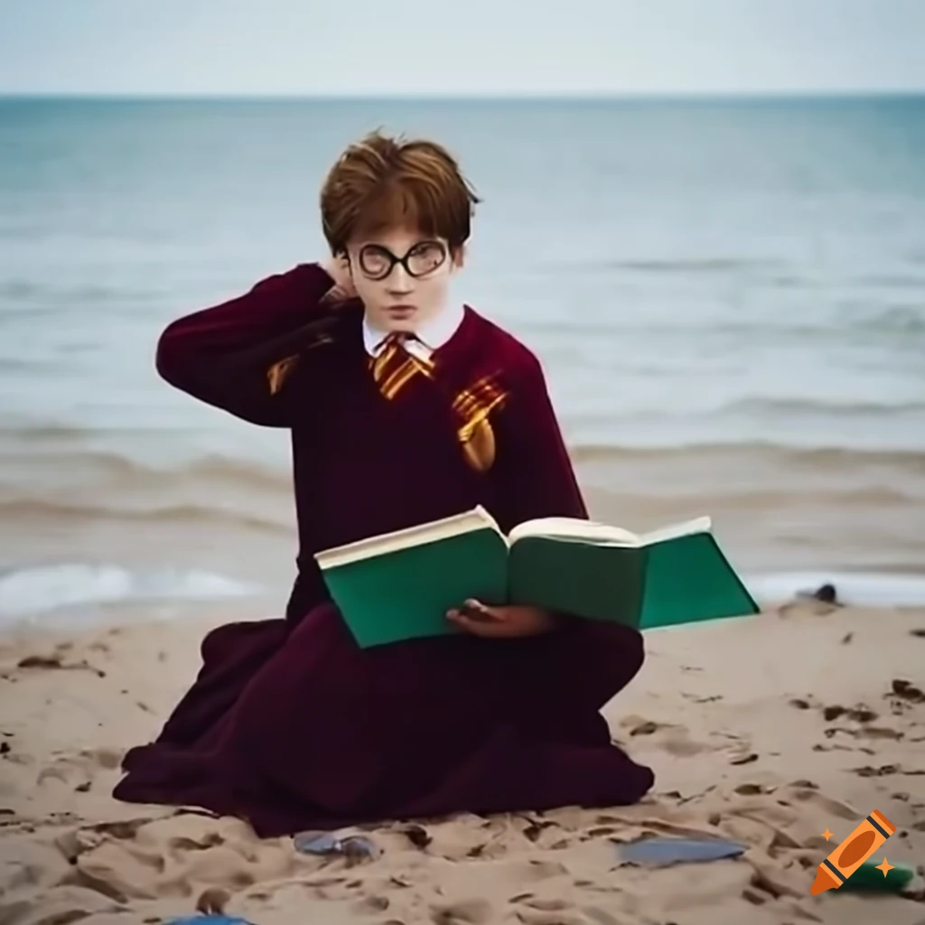 Harry potter reading a book at the beach on Craiyon