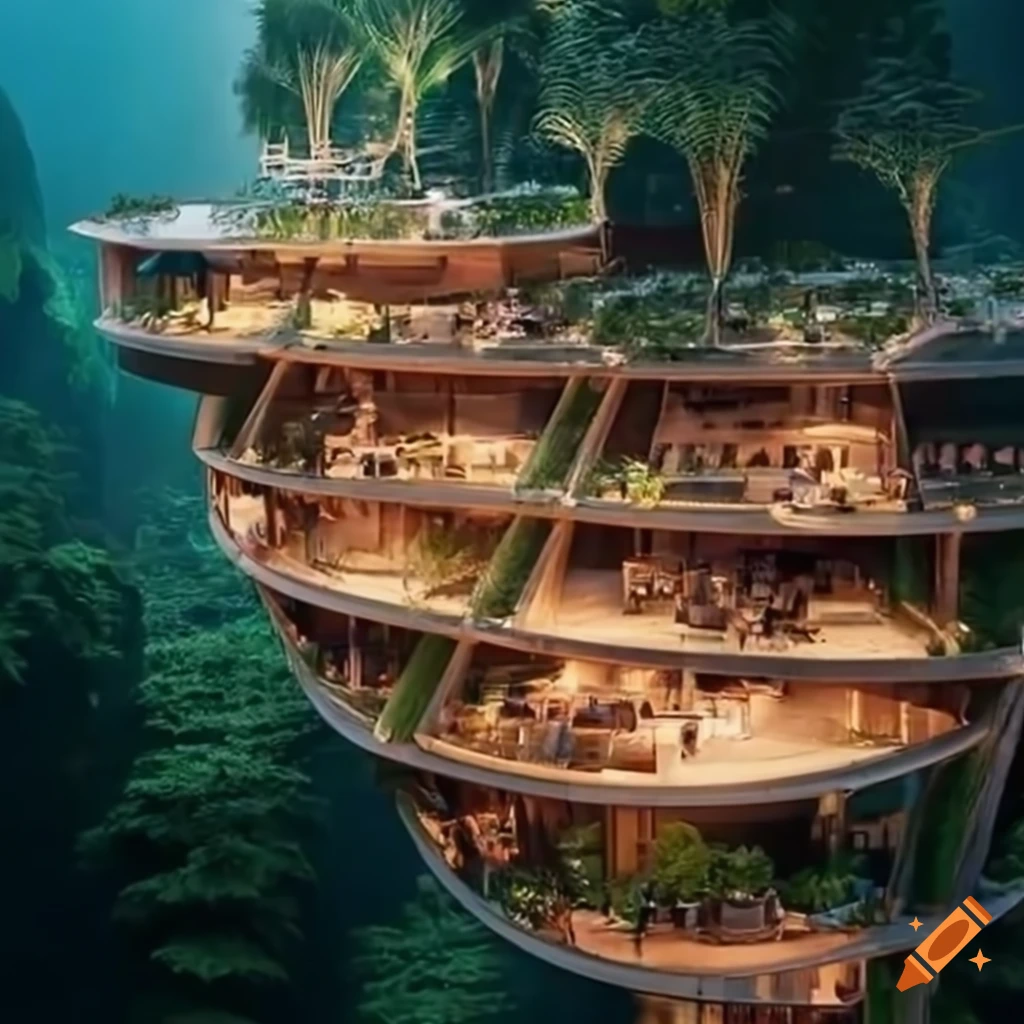 A huge jungle in front of an ultra-modern hotel, suspended restaurant ...