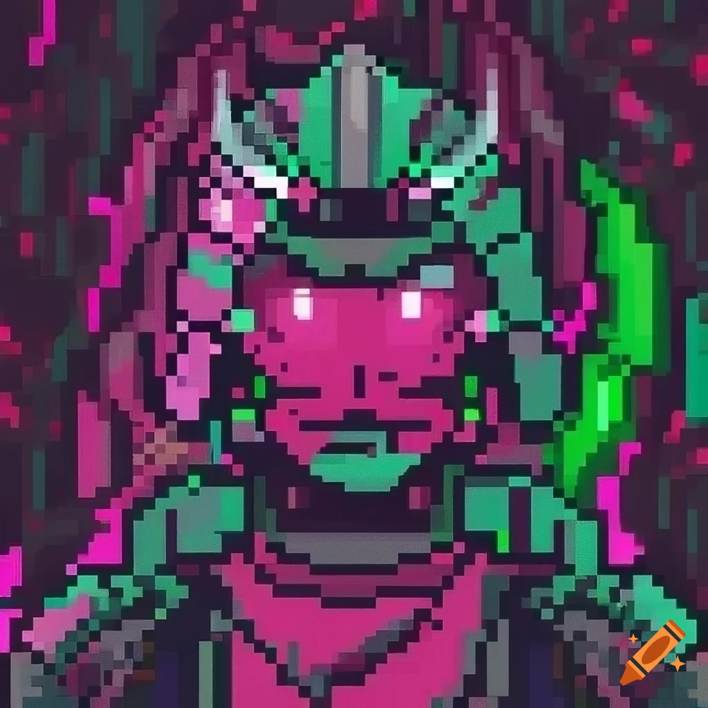 Pixel art of a samurai with dithering and solarized color scheme on Craiyon