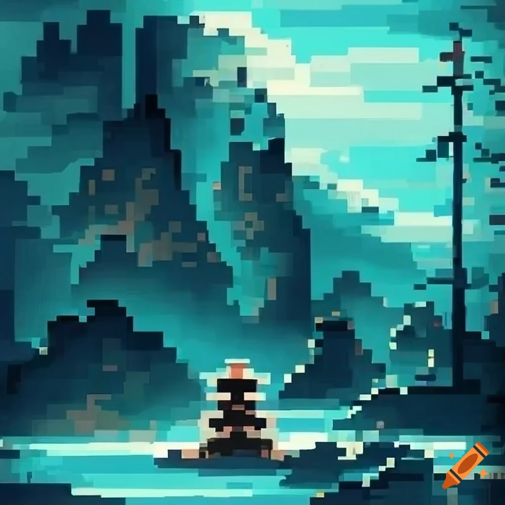 Pixel art with dithering in traditional chinese ink painting style on ...