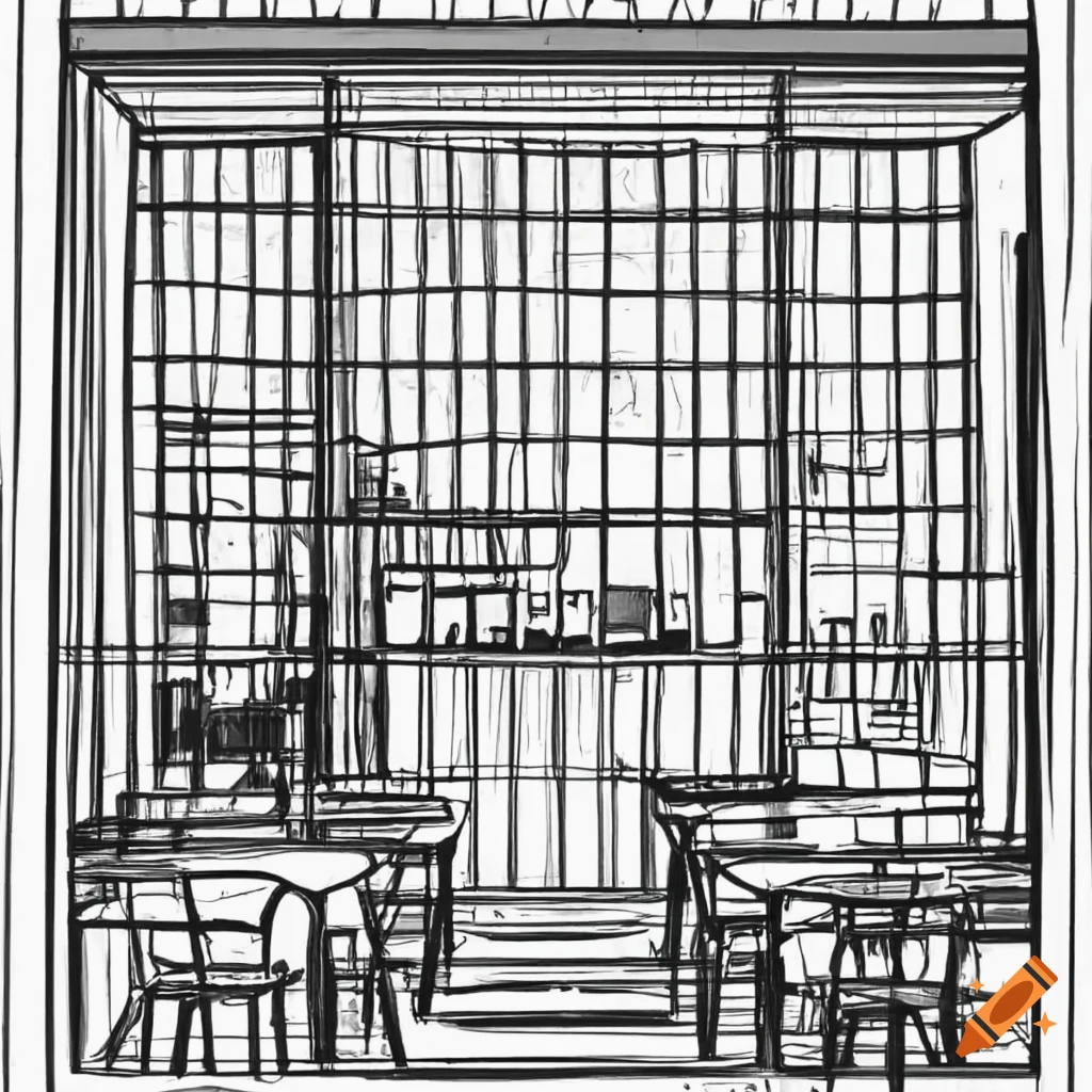 Perspective architectural drawing of a cafe inside a building on ...