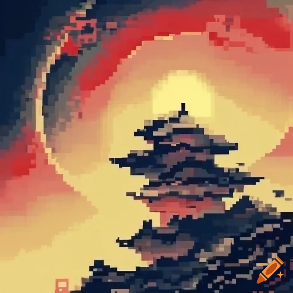 Pixel art with dithering technique and traditional Chinese ink painting ...