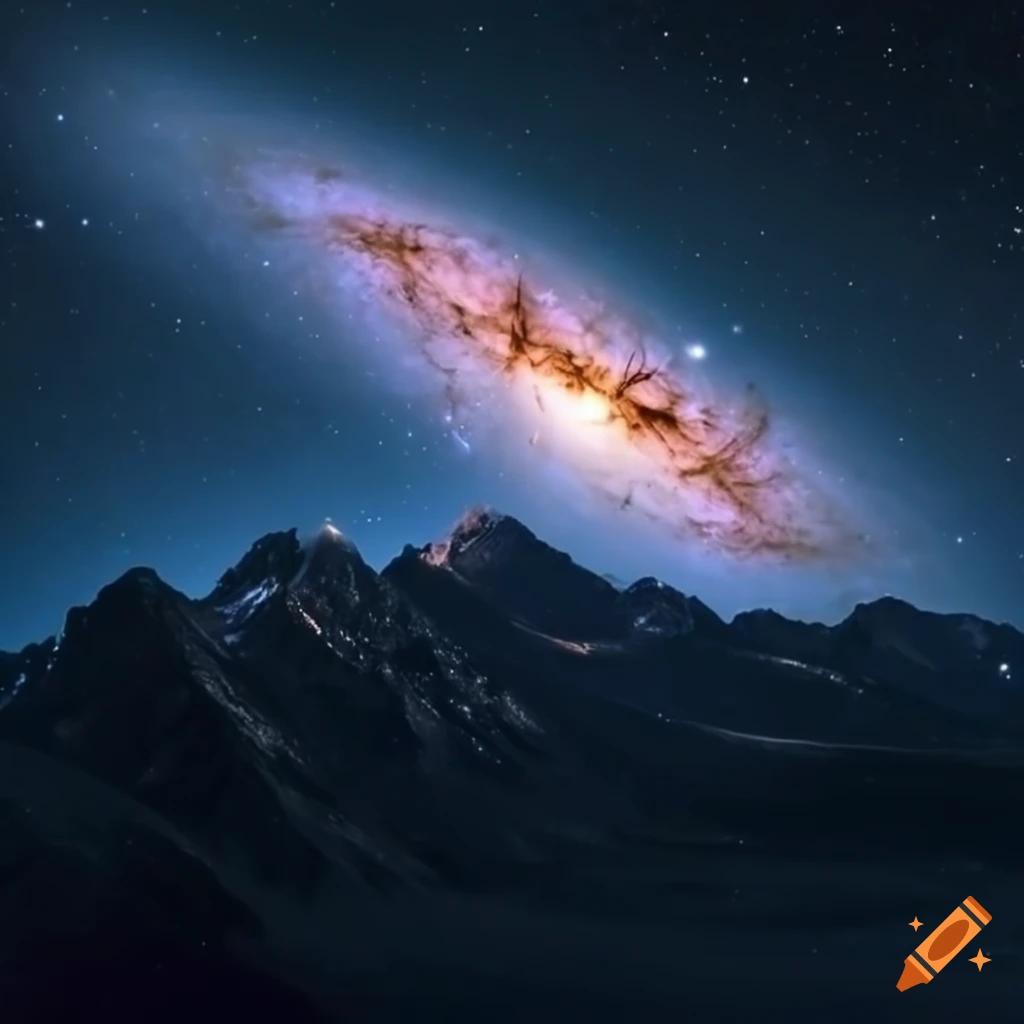 Mountains on the horizon under the Andromeda galaxy in a black sky on Craiyon