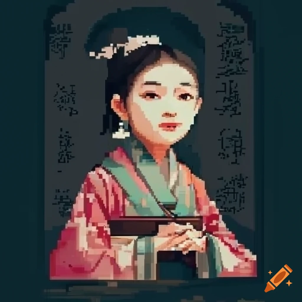 Pixel art with dithering in traditional chinese ink painting style on ...