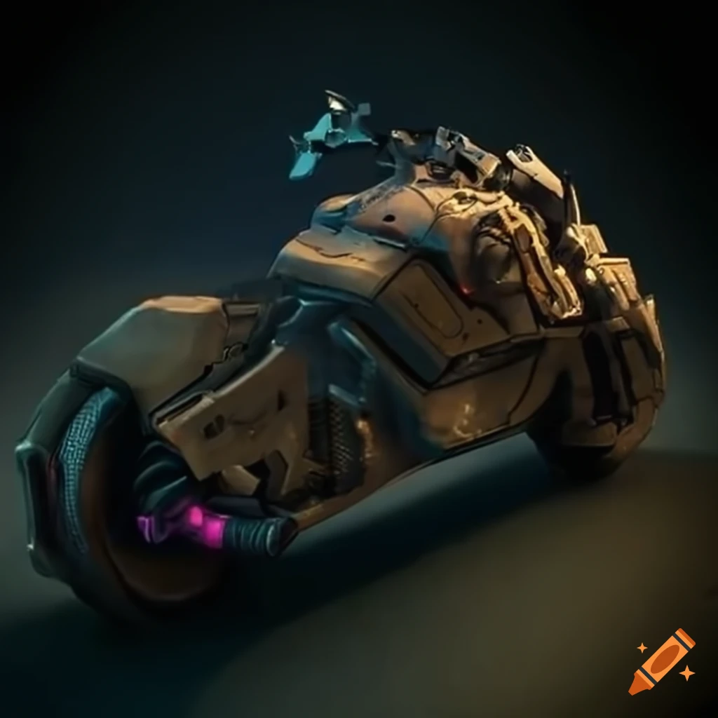 Makehift sci-fi cyberpunk motorcycle in a gritty setting on Craiyon