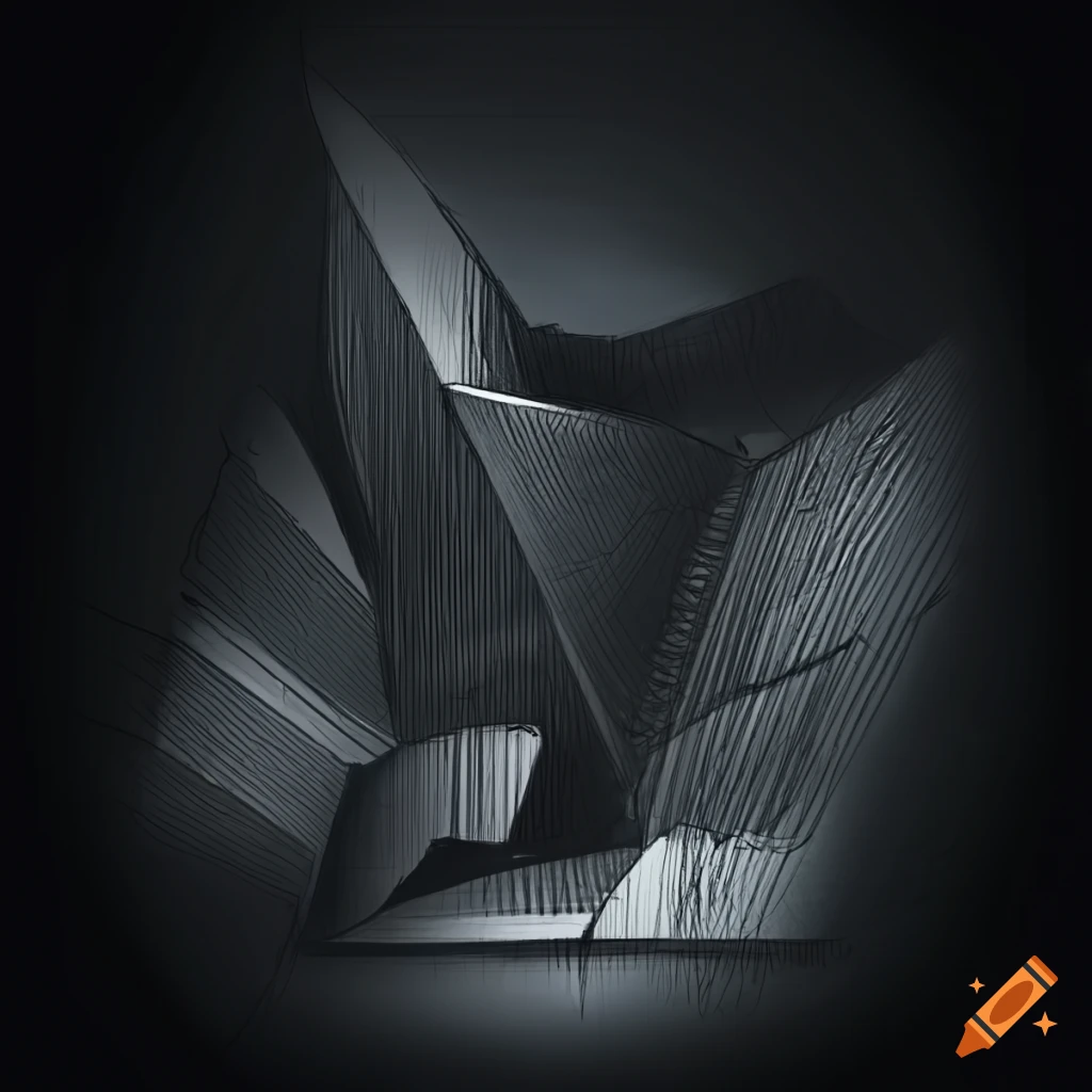 Building design sketch with metallic and liquid carbon textures on Craiyon