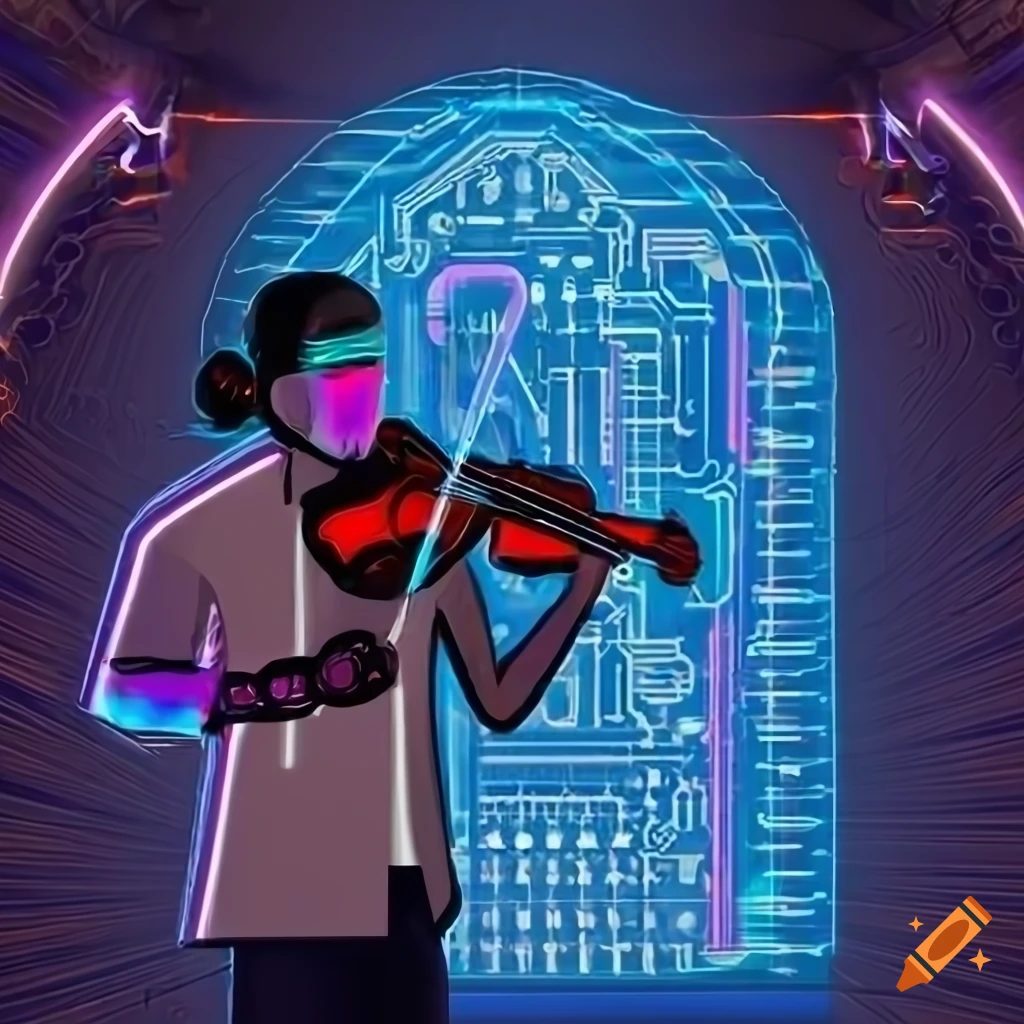 Android musician playing electronic violin in futuristic cityscape ...