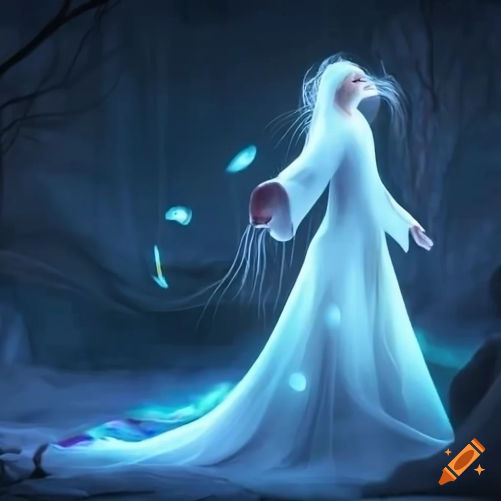 Storybook ghost mouse with glowing hair and light robe on Craiyon