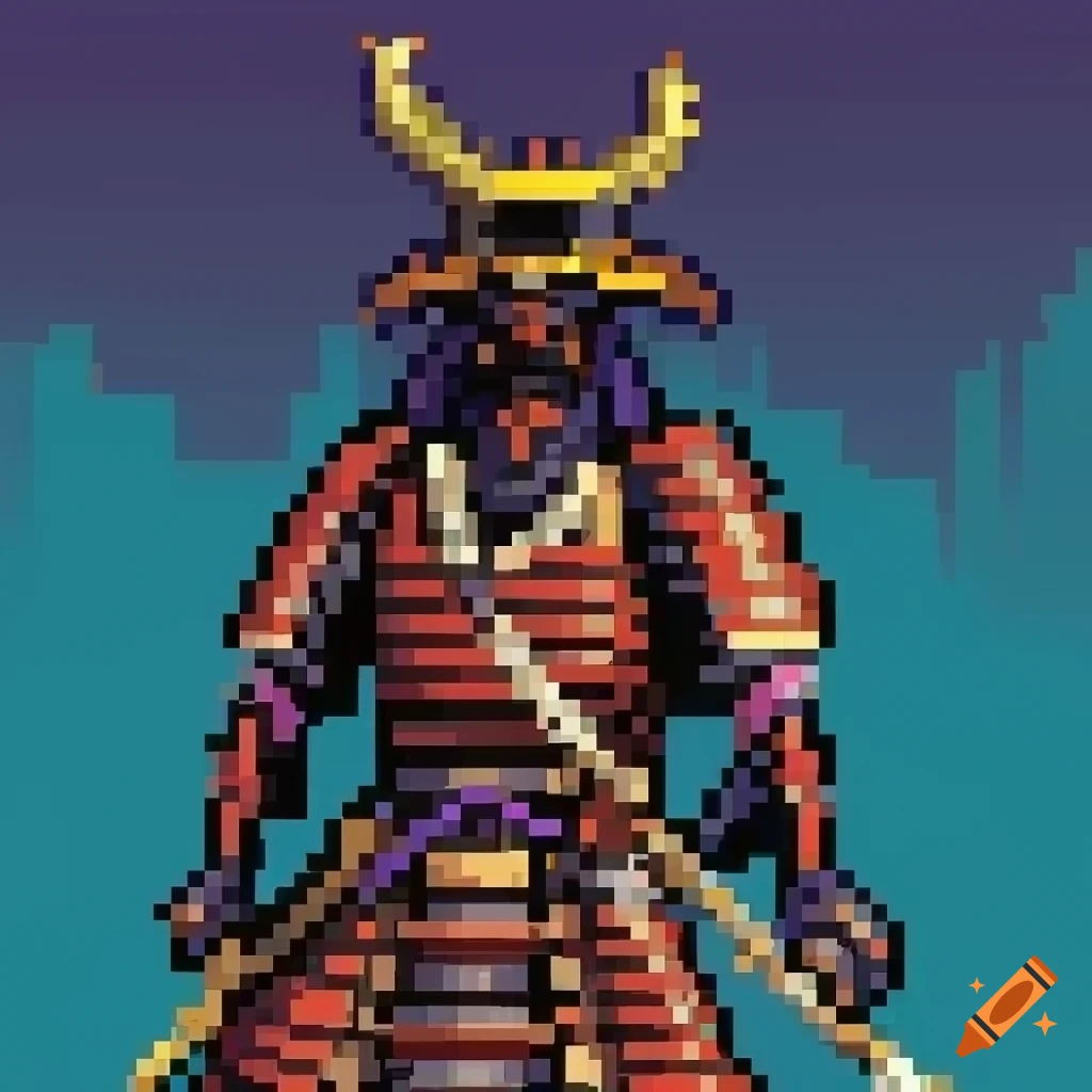 Pixel art of a samurai with dithering technique on Craiyon