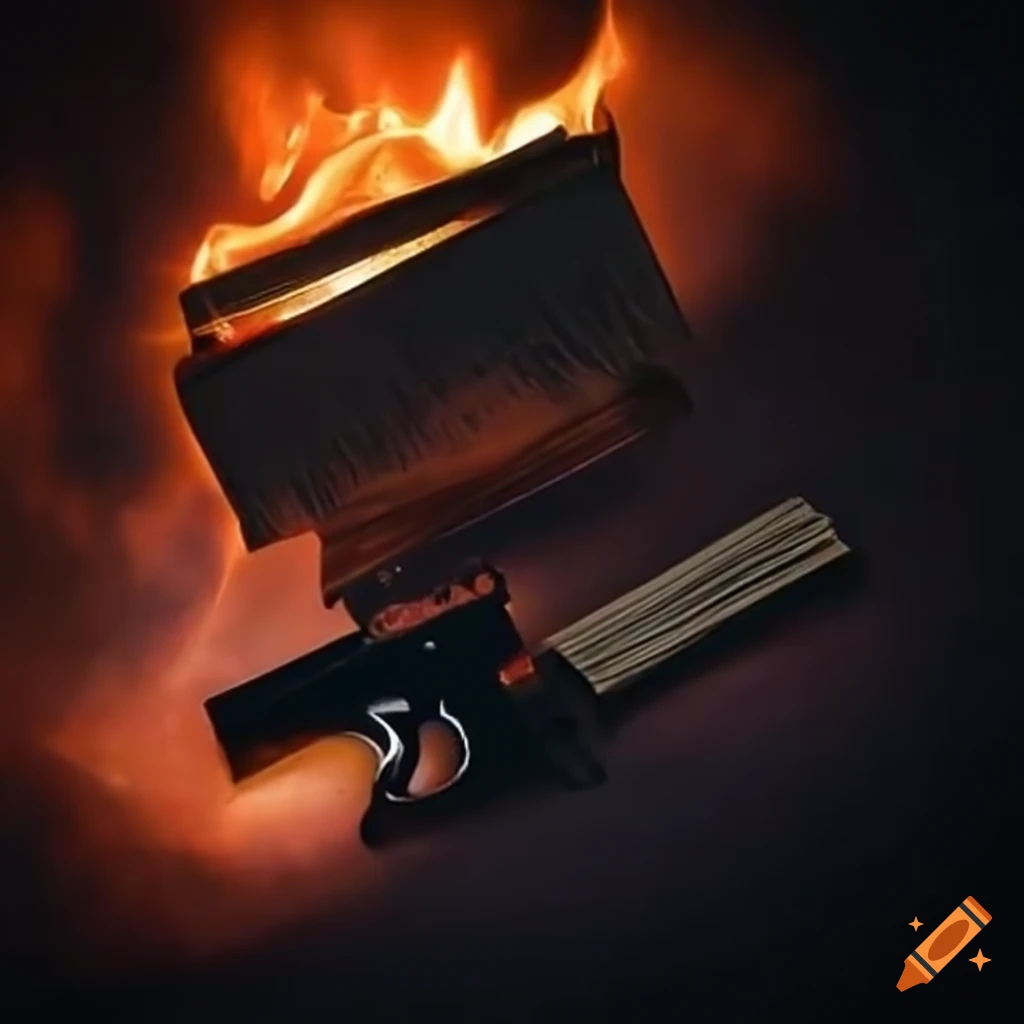 Book transforming into a gun burning in a house on Craiyon