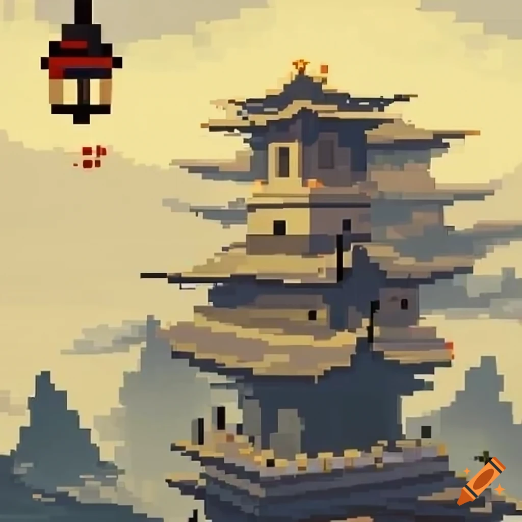 Pixel art with dithering in Traditional Chinese ink painting style on ...