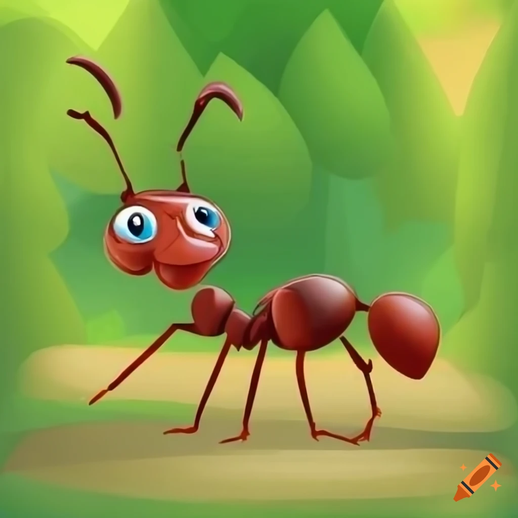 Cartoon ant walking in the forest on Craiyon
