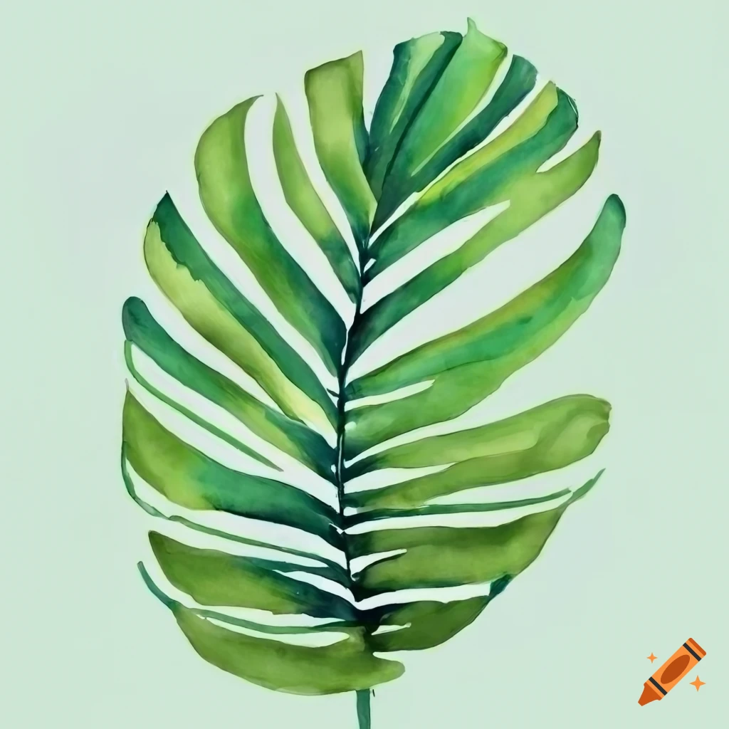 Modern tropical botanical line art in green watercolor on white ...