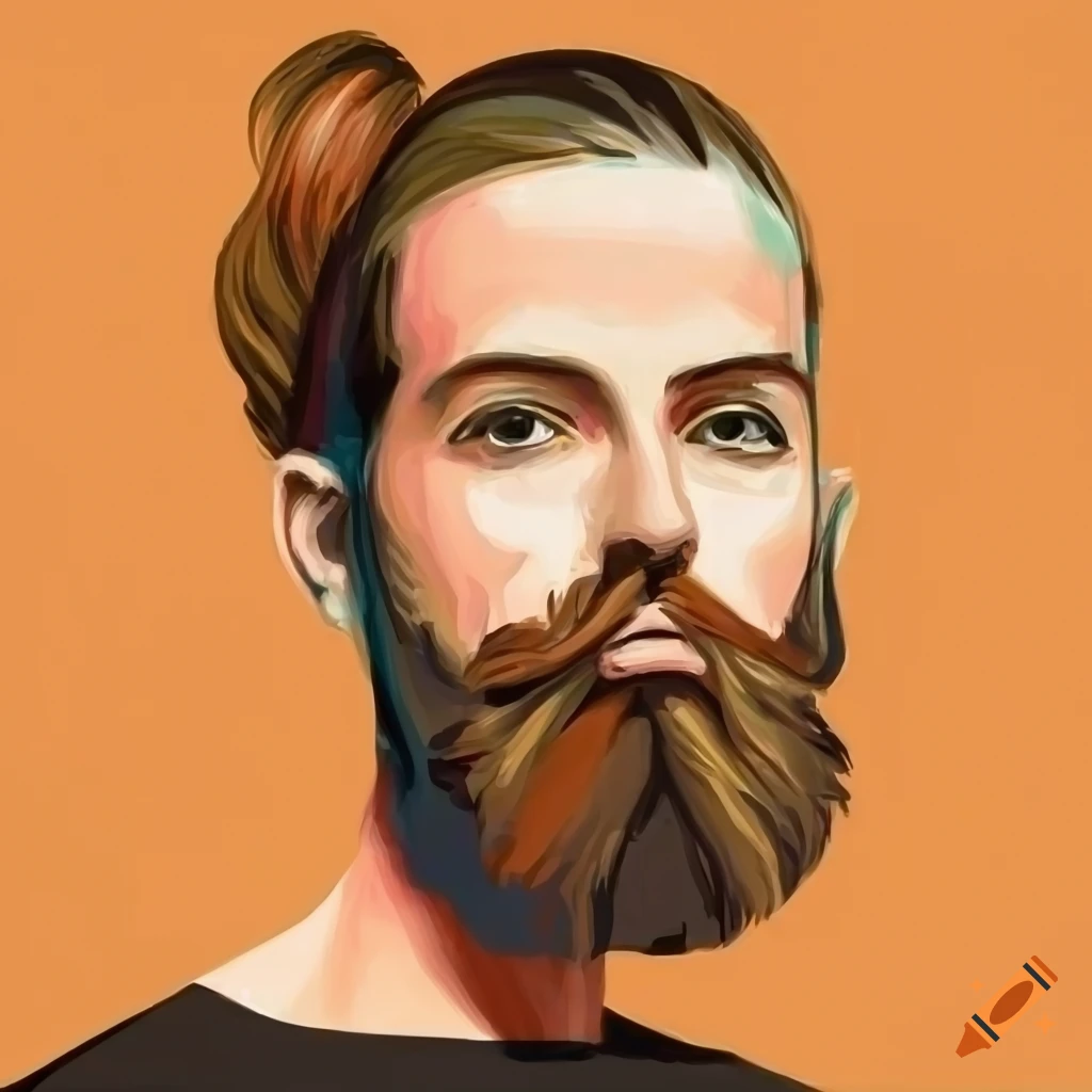 Man with tied hair and goatee gazing at the horizon in abstract art ...