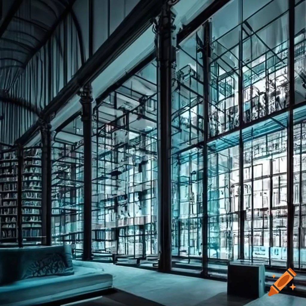 Modern library with bookshelves under a glass dome on Craiyon