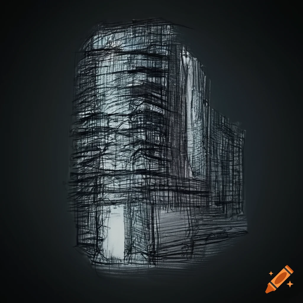 Building design sketch with metallic and liquid carbon textures on Craiyon