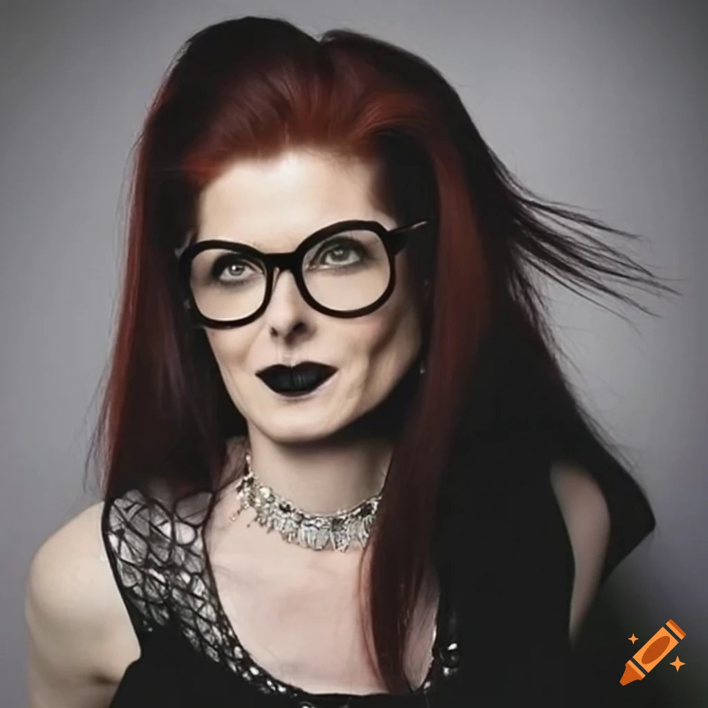 Debra Messing with goth style, round glasses, and black hair on Craiyon