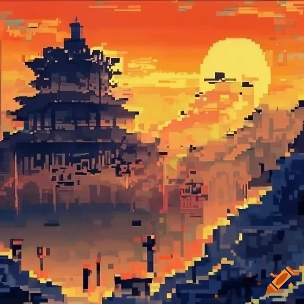Pixel art with dithering in a traditional chinese ink painting style on ...