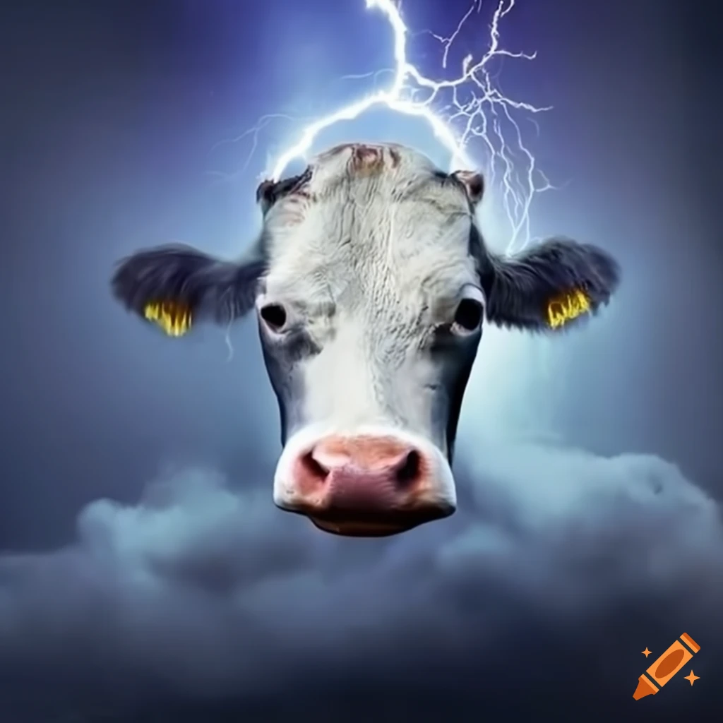 Cow floating on a lightning cloud on Craiyon