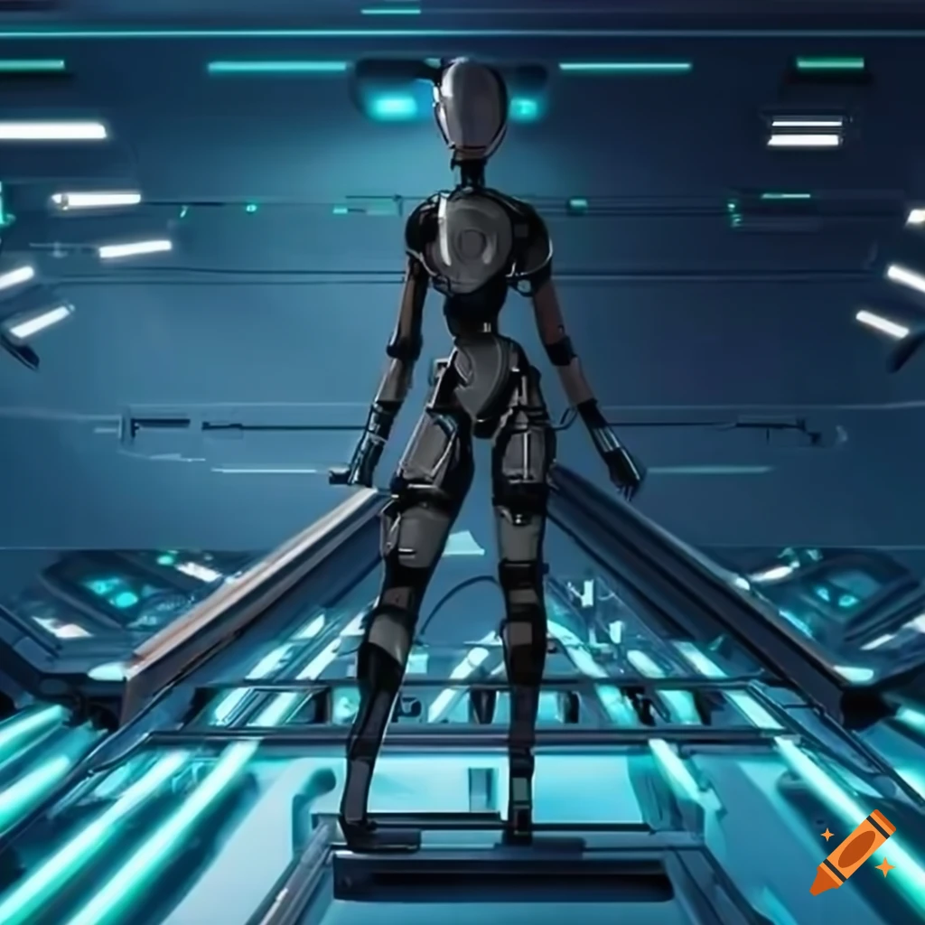 Futuristic synthesizer on a spaceship bridge played by a female robot ...